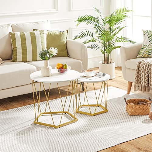 HOOBRO Round Coffee Table Set of 2, Gold Coffee End Table with Metal Frame, Small Coffee Table for Living Room Bedroom Balcony Yard, Modern Style, White and Gold, GD80BZ01