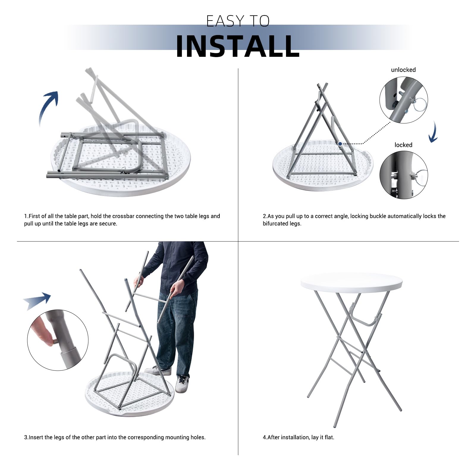 Byliable 32in Cocktail Table White High Top Folding Table, Portable Bar Height Folding Table Round with Removable Gray Legs, Indoor Outdoor Banquet Table for Parties, Commercial, Speech, Dining