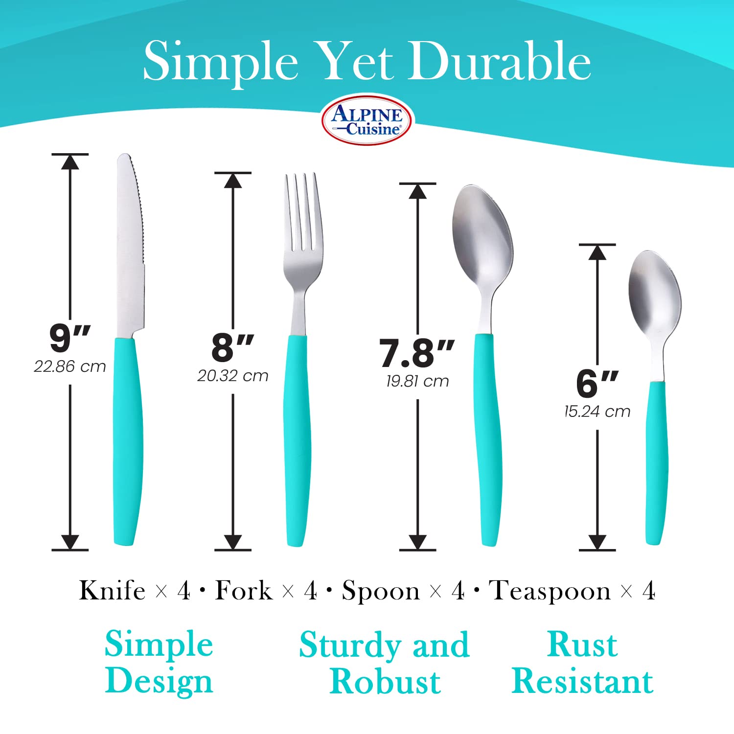 ALPINE CUISINE Flatware Set 16 Piece Service for 4, Stainless Steel Flatware Cutlery Set Includes Dinner Knives/Forks/Spoons - Great for Camping or College Dorms - Dishwasher Safe - Aqua