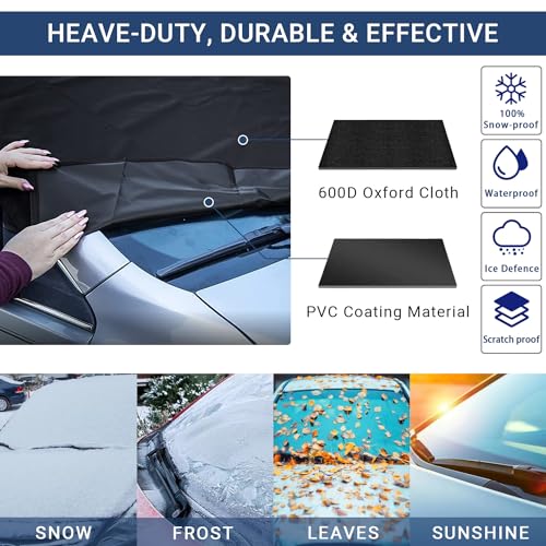Car Windshield Cover for Ice and Snow, Windshield Frost Cover Ice Removal Wiper Protector, Enhanced 600D Oxford Fabric Windshield Snow Cover, Winter Car Accessories for Most Cars Trucks Vans SUVs