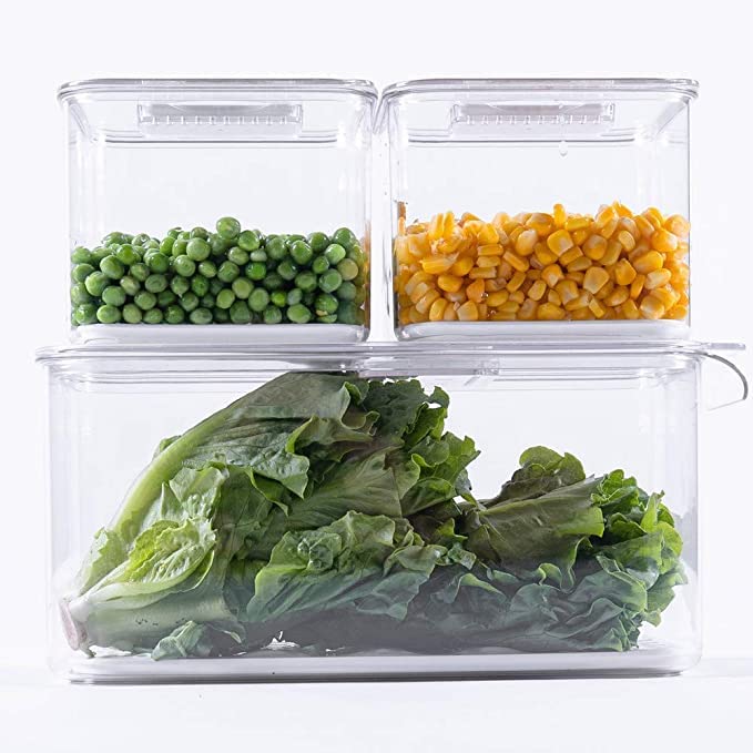 Fridge Storage Containers Produce Saver Stackable Refrigerator Organizer Bins with Removable Drain Tray Fridge Organizer for Fruits and Vegetables 3 Pack