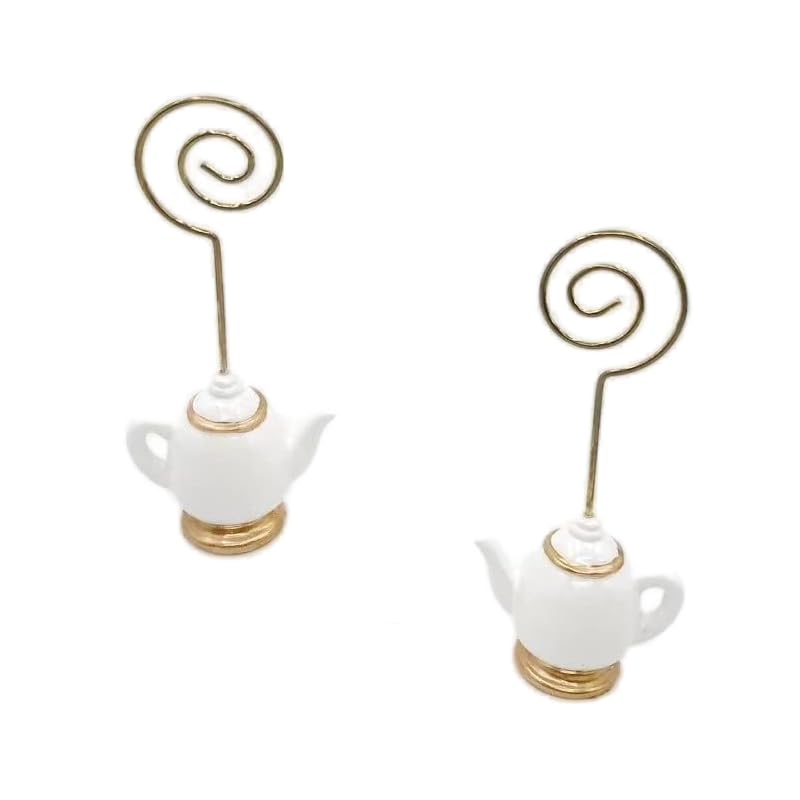 AMERRY 10Pcs Teapot Table Card Holder,Place Card Holders, Table Number Holder,Photo Holders, Party Favors, Wedding Decorations ,Delicious Afternoon Tea, Delicious Breakfast teapot(Golden and White)