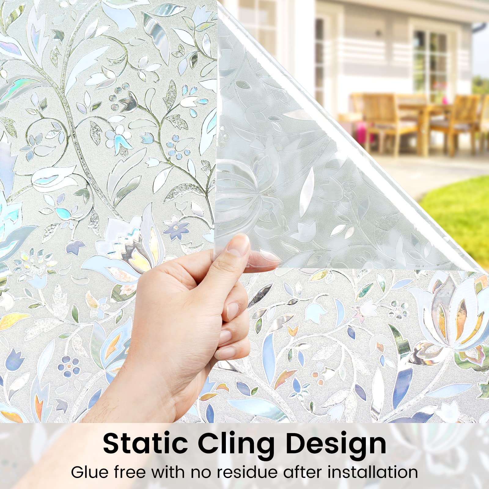 DOWELL Window Privacy Film, 3D Stained Glass Rainbow Window Decals, Decorative Window Vinyl Sun Blocker Door Covering, Static Cling Non-Adhesive Window Sticker for Home, Blooming Flowers, 17.5"x78.7"