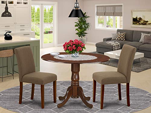 East West Furniture DLAB3-MAH-18 3 Piece Dining Set Contains a Round Dining Room Table with Dropleaf and 2 Coffee Linen Fabric Upholstered Parson Chairs, 42x42 Inch, Mahogany