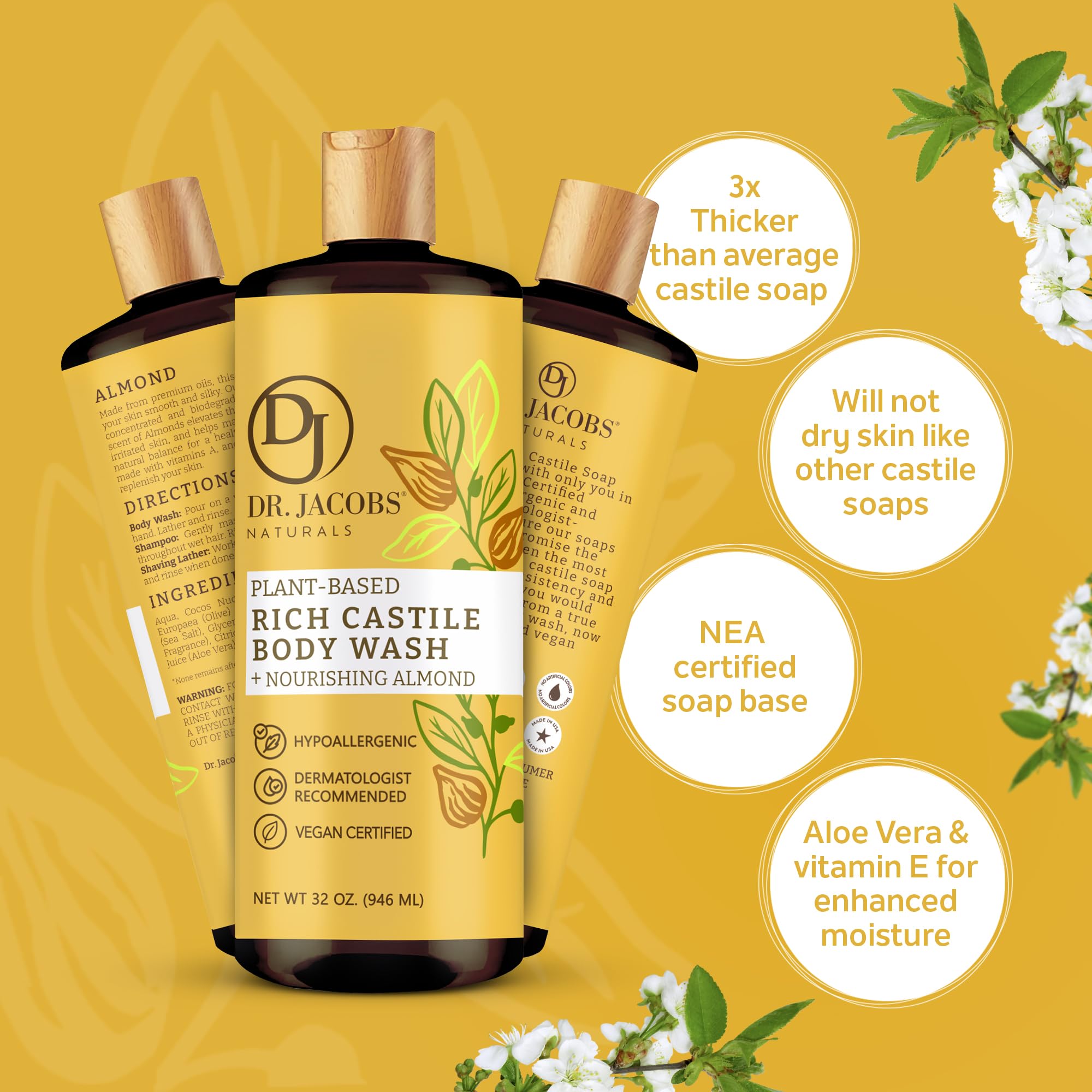 DR.JACOBS NATURALS Dr. Jacobs Naturals Pure Castile Liquid Soap - Natural Face and Body Wash, Almond Honey 32 oz.