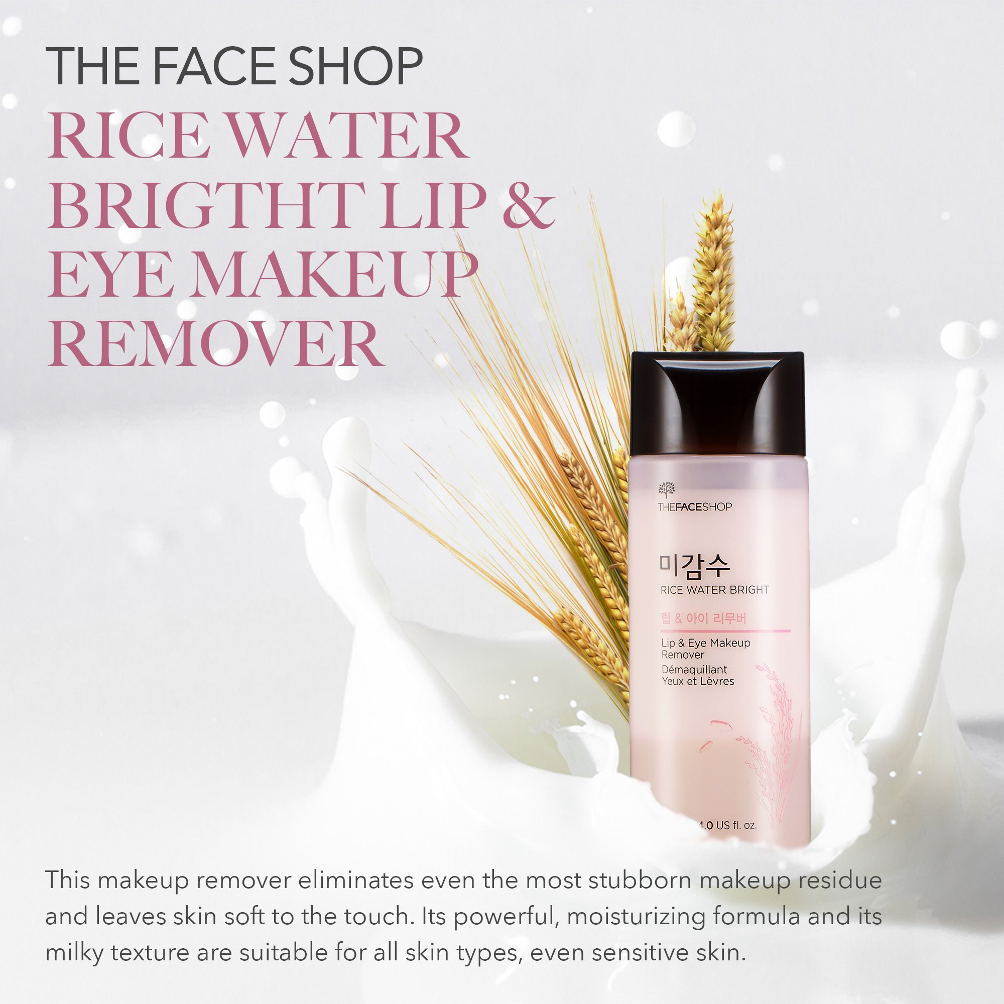 The Face Shop Oil-Free Liquid Eye Makeup Remover, Natural Rice Water Lipstick, Waterproof Mascara & Eyeliner Removal - 120 mL / 4 Oz, K-Beauty
