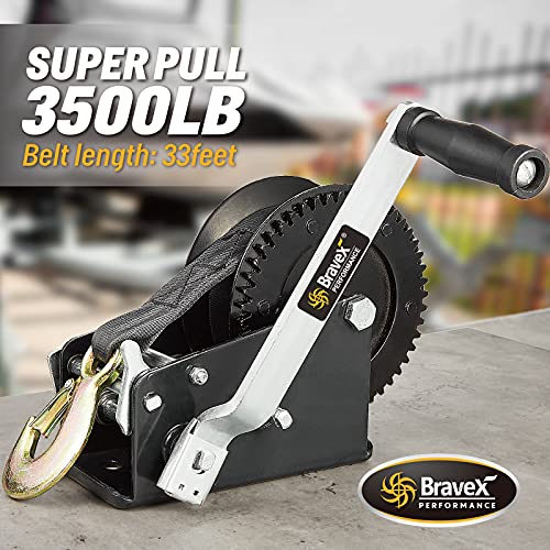 Bravex Boat Trailer Winch 3500lbs with 33ft Strap, Heavy Duty Hook Portable Hand Winch, Two Way Ratchet Manual Winch for SUV ATV UTV for 4:1/8:1 Gear Crank Winch (3500lb with Cable Black Winch)