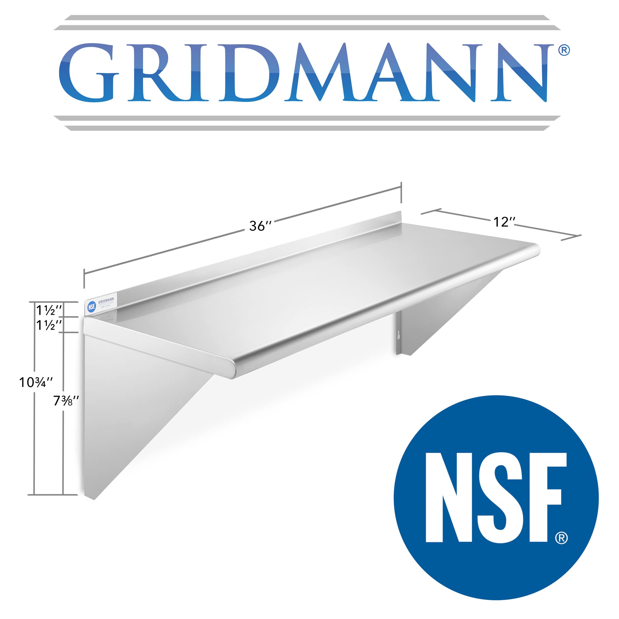 GRIDMANN 12" x 36" Stainless Steel Wall Mount Shelf with Backsplash, Commercial Grade - NSF Certified 18 Gauge Shelving for Restaurant, Kitchen, Utility Room, Garage