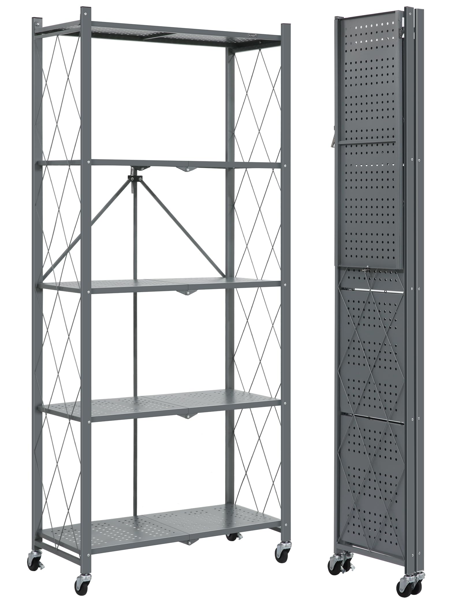 ALANNG 70.7" H Metal Storage Shelves, 5 Tier Folding Storage Shelves on Wheels, Heavy Duty Collapsible Shelving Unit, No Assembly Storage Rack for Kitchen, Basement, Pantry (Grey,1 Pack)