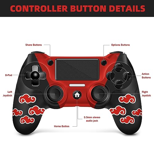 FTFVaska Wireless Controller for PS4 Compatible with PS4/Slim/Pro, Gamepad with Enhanced Dual Vibration/Analog Sticks/6-Axis Motion Sensor/Charging Cable/Thumb Caps! (Red Cloudy)