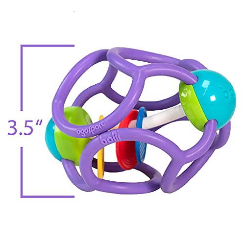 OgoBolli Rattle & Teether Toy for Babies - Tactile Sensory Ball - Stretchy, Soft Non-Toxic Silicone - Ages 6 Months and up - Purple