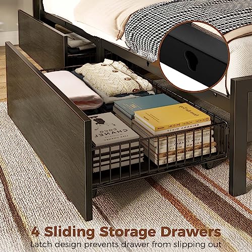 Rolanstar Queen Bed Frame with Storage Headboard, Metal Platform Bed with Charging Station, LED Bed Frame with 4 Drawers, Bookcase Storage, No Box Spring Needed, Easy Assembly, Noise-Free, Black