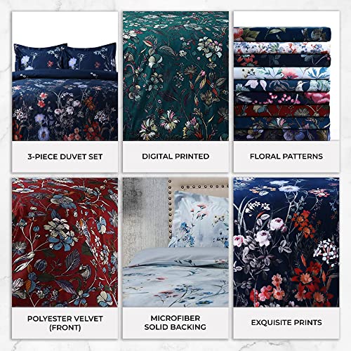 Tribeca Living Velvet Floral Printed King Duvet Cover Set, Soft Touch, Oversized, Luxury Three Piece Set Includes One Duvet Cover and Sham Pillowcases, Calla Multicolor