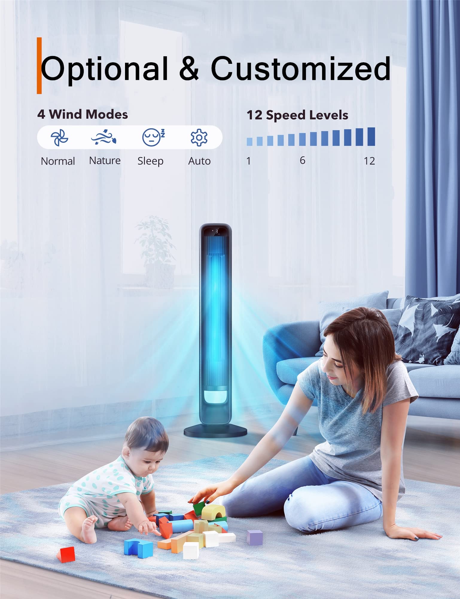 Delvit Tower Fan,90° Oscillating Fan with 12 Speeds, 4 Modes, Night Light, 12H Timer, LED Display,28db Quiet Portable Bladeless Fan Remote control for Bedroom, Living Room & Office
