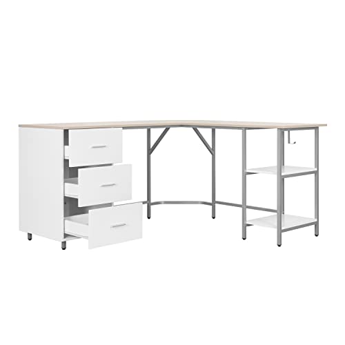 Techni Mobili L Shaped Desk - Two-Toned Computer Desk with Drawers & Storage Shelves - Simple Modern Furniture & Home Office Space Corner Table for Work & Writing