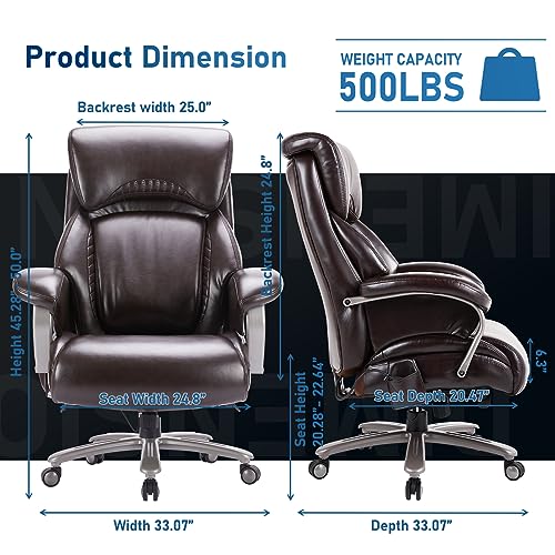 Big and Tall Office Chair 500lbs-Heavy Duty Ergonomic Computer Chair with Extra Wide Seat, High Back Executive Large Desk Chair with Thick Seat and Tilt Rock, Adjustable Lumbar Support-Brown