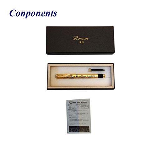 Roman Premium Vintage Fountain Pen Matte Black Ink Luxuary Antique Gold Trim Medium Nib with a Refill -Made in Japan-