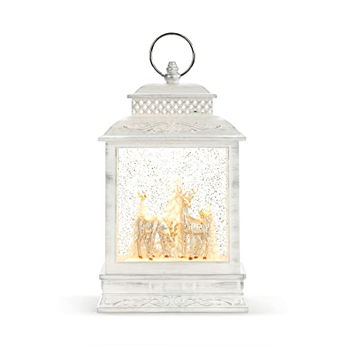 DEMDACO Cozy White Deer 11 x 6.5 Resin Musical Snow Globe Lantern Plays Christmas Music