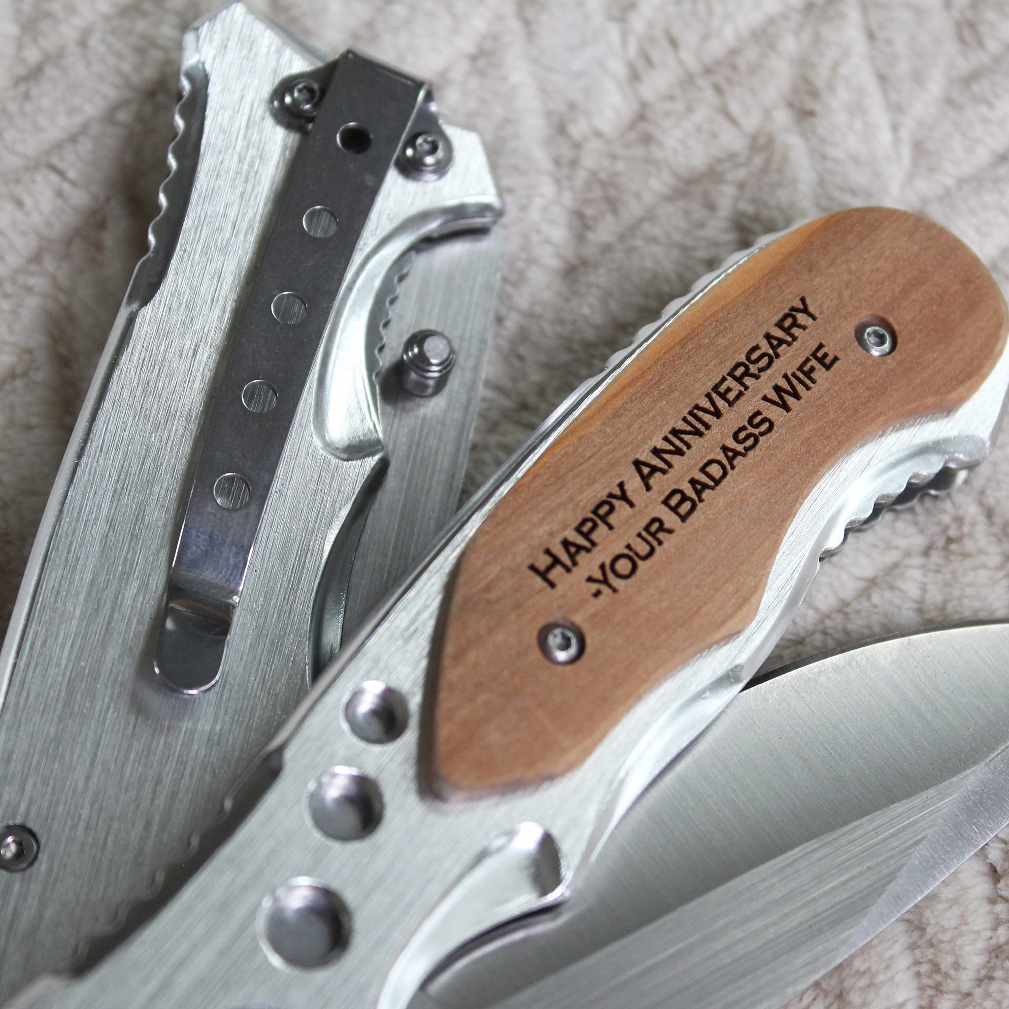 Anniversary Gift For Men Custom Engraved I Love You More Wood Handle Folding Pocket Knife (Stainless Steel)