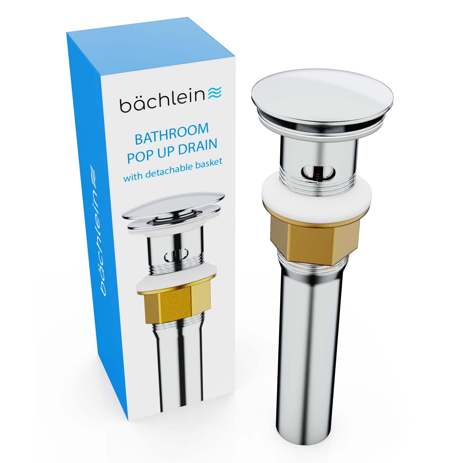 Bächlein Bathroom Sink Drain with Overflow - Sink Stopper with Pop Up Function - Chrome Pop Up Bathroom Sink Drain incl. 3 Extra Seals and Installation Manual - German Brand