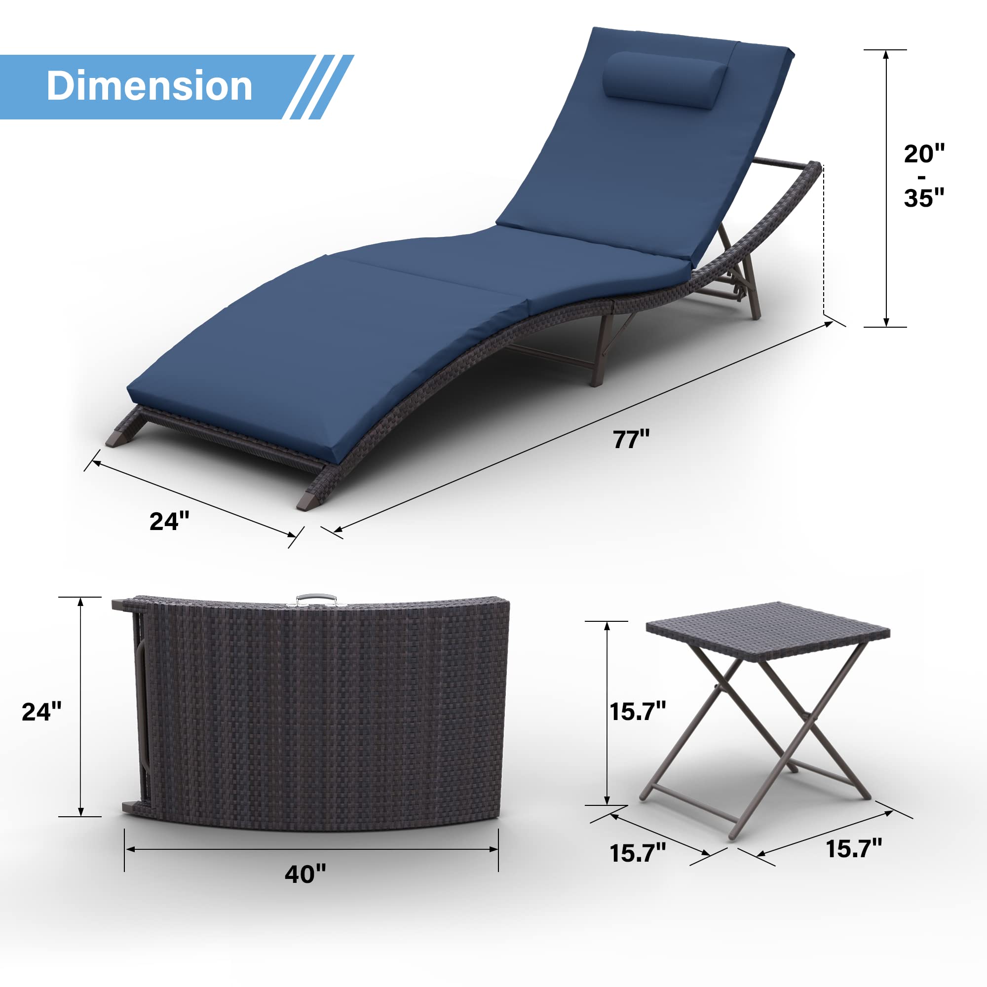ALAULM Pool Lounge Chairs Outdoor Adjustable Chaise Lounge Chairs w/Sponge Cushion,2 Foldable & Portable Chairs and 1 Table for Poolside Patio Courtyard Seaside,Dark Blue