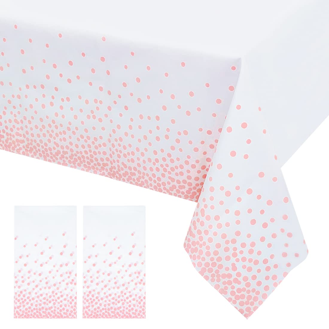 Mulbozy 2 Pcs Rose Pink Dot White Plastic Tablecloth for Rectangle Table, Rose Pink Dot Confetti Party Table Covers for Baby Shower, Wedding, Anniversary, Birthday Party Decoration, 54 × 108 inches