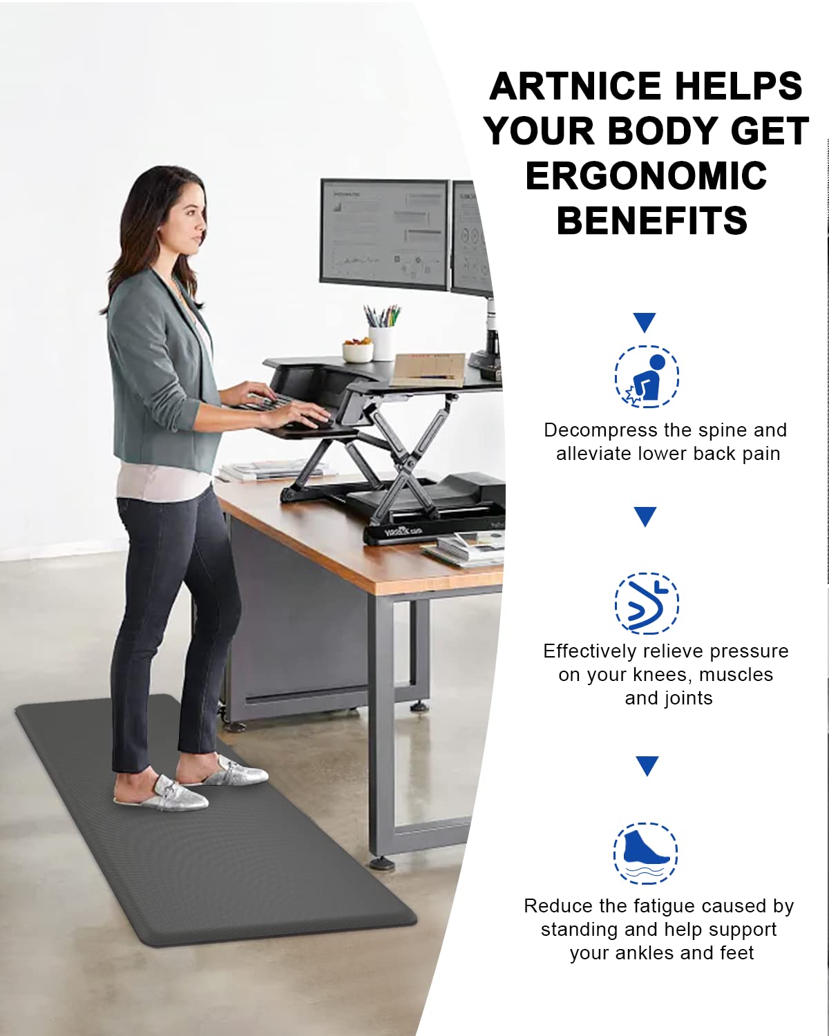 Artnice Kitchen Mat Cushioned Anti-Fatigue Floor Mat, Standing Desk Mat Anti Fatigue Ergonomic,Kitchen Non Slip Rugs and Mats, Standing Floor Mat for Work Place Office Kitchen Floor(20" x 47.2",Grey)