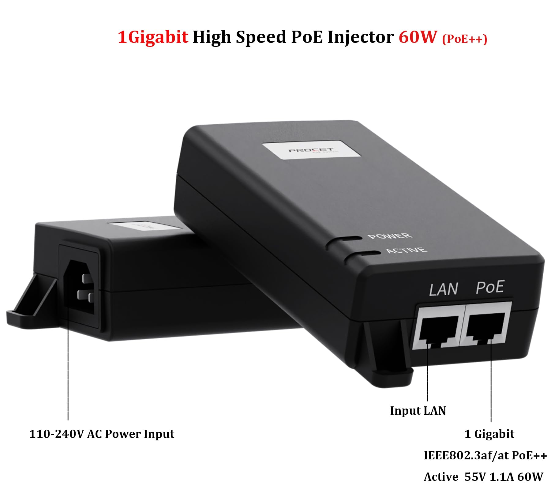 PROCET Gigabit 60W PoE Injector IEEE802.3BT/ PoE++ Compliant Power Injector 2KV AC Surge Protection for IP Camera, Access Point Long Range Transmission, PT-PSE106GW