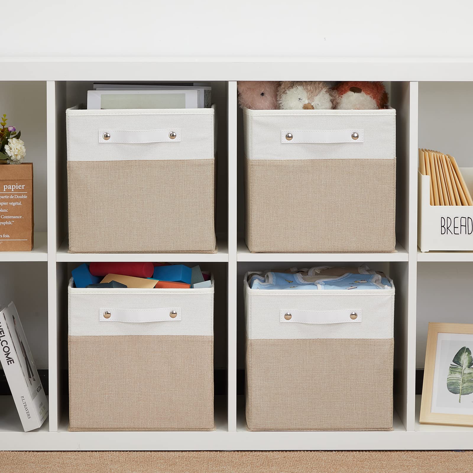 Bidtakay Cubes Baskets for Organizing 11 X 11 X 11 inch Collapsible Fabric Storage Boxes 4 Pack Stackable Beige Cube Storage Organizer Bins For Home Closet Shelves Office Bedroom Nursery Toy Storage