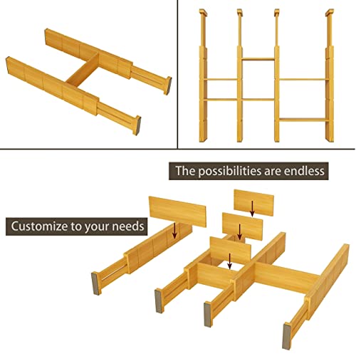 SAUStrongBe Adjustable Bamboo drawer dividers with 4 dividers,6 inserts, Spring Loaded adjustable drawer organizer, Expandable Organization for Home, Office, Dressers and Bathroom (17- 22 in)