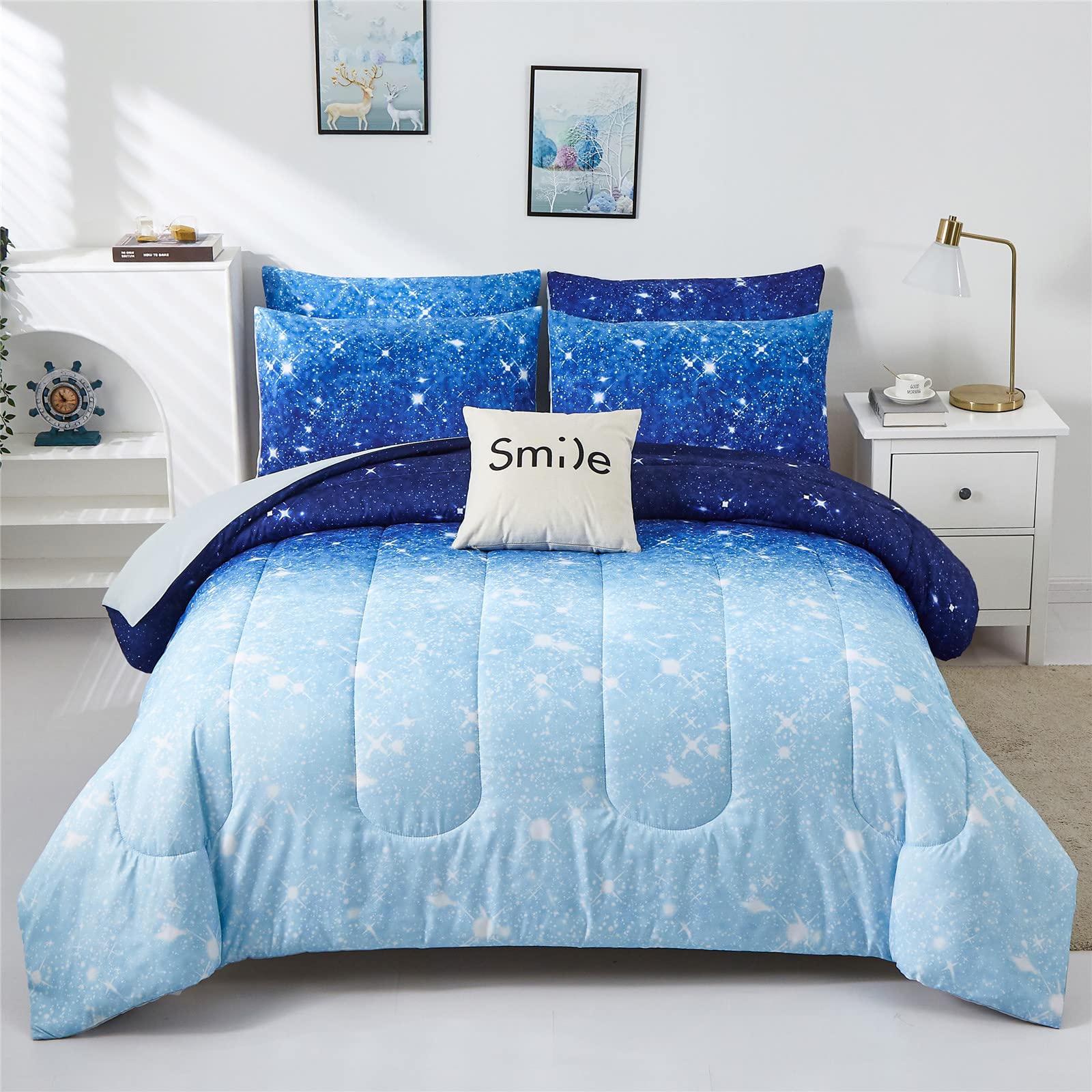 kiddiku Blue Glitter Comforter Set Twin Size for Boys Girls, Sparkle Galaxy Twinkle Starlight Comforter for Kids Teen, 2 Piece Aqua Blue Navy Ombre Bedding Set with 1 Pillow Case(Blue,Twin)