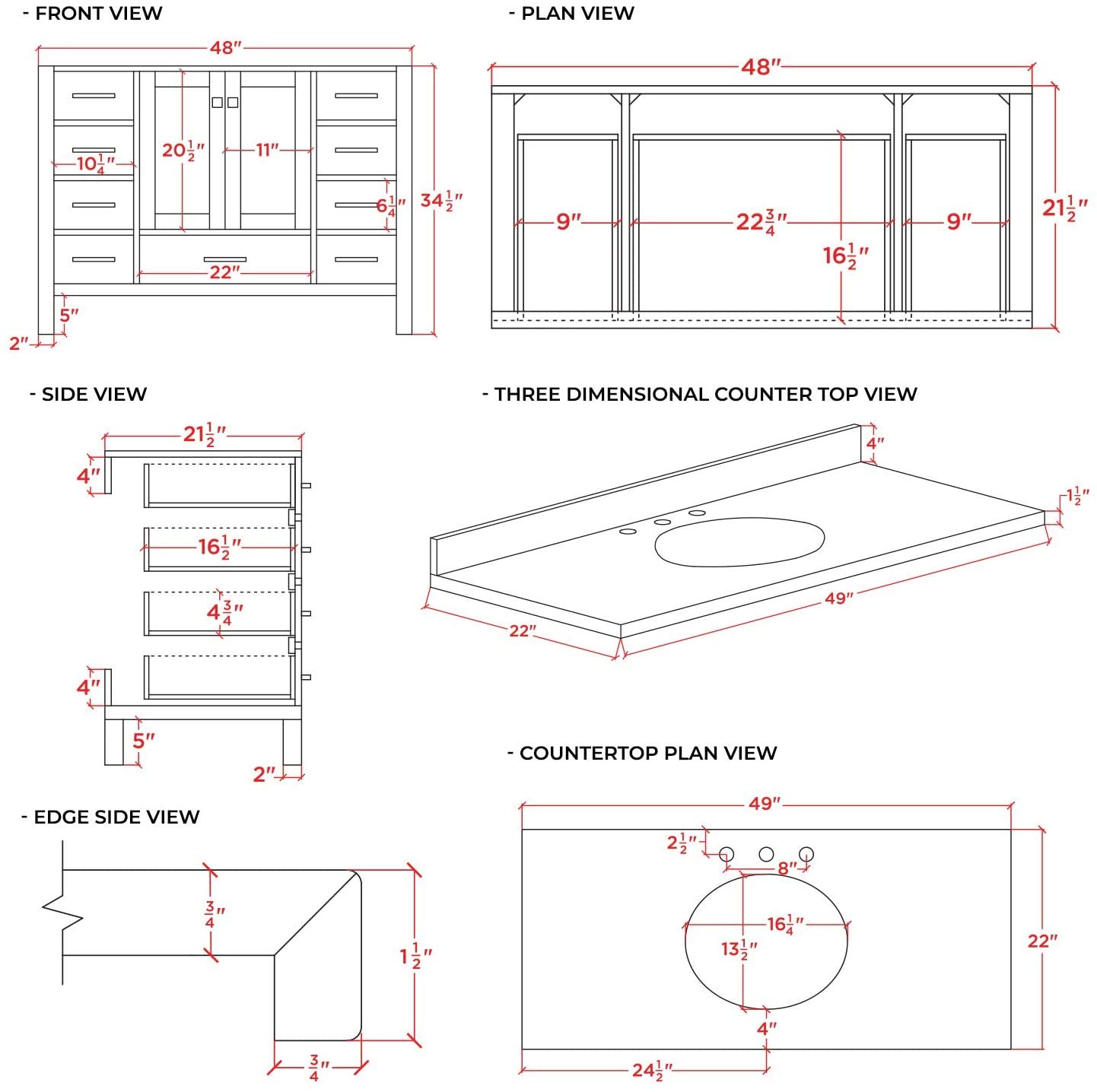 ARIEL 49" White Bathroom Vanity with 1.5" Edge Pure White Quartz Countertop & Backsplash, Center Oval Sink, 2 Soft Closing Doors, 9 Full Extension Dovetail Drawers, Brushed Nickel