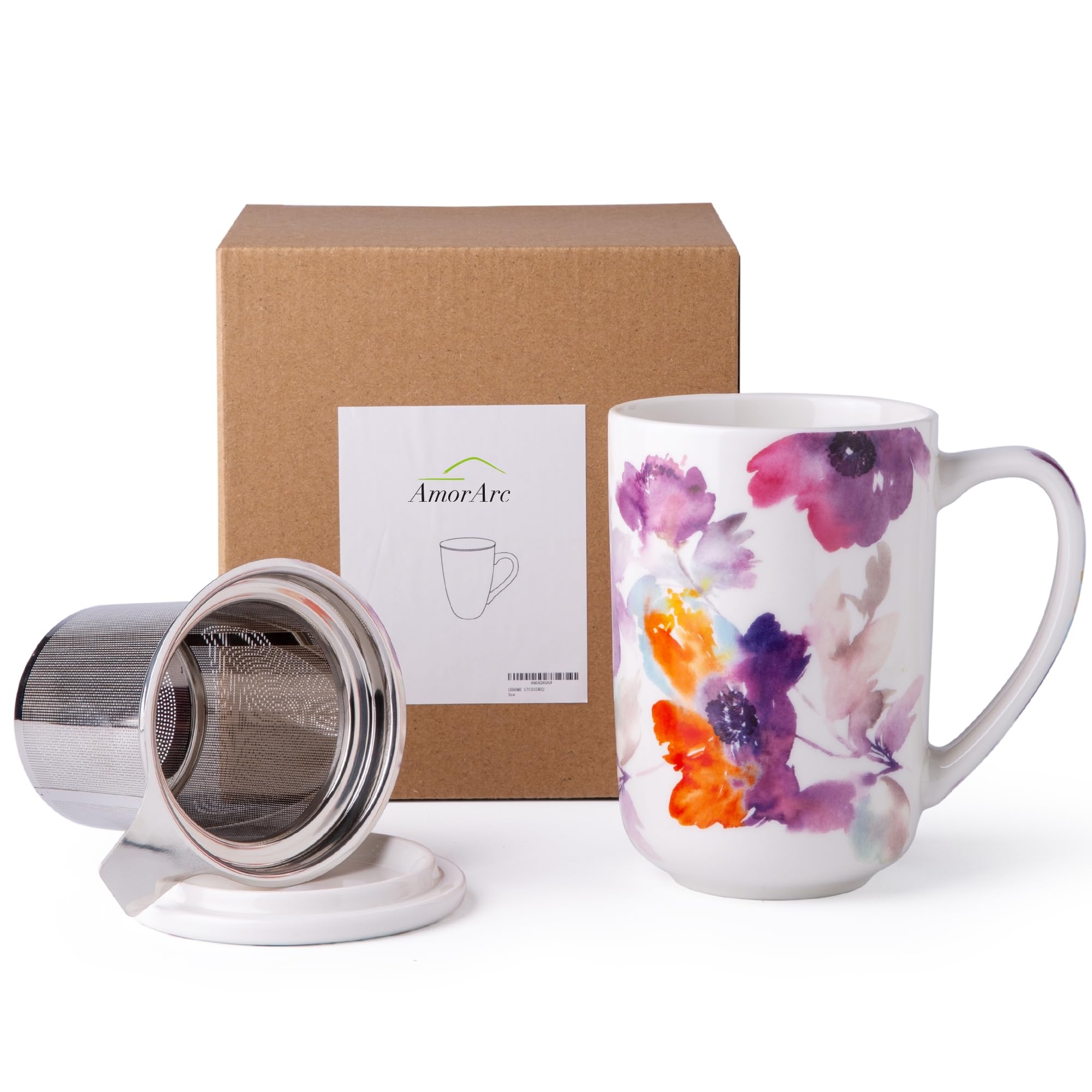 AmorArc Porcelain Tea Mug with Infuser and Lids, 18 Oz Tea Cup Strainer with Tea Bag Holder for Loose Leaf Tea, Tea Steeping Coffee Mug for House-warming Wedding Birthday Gift