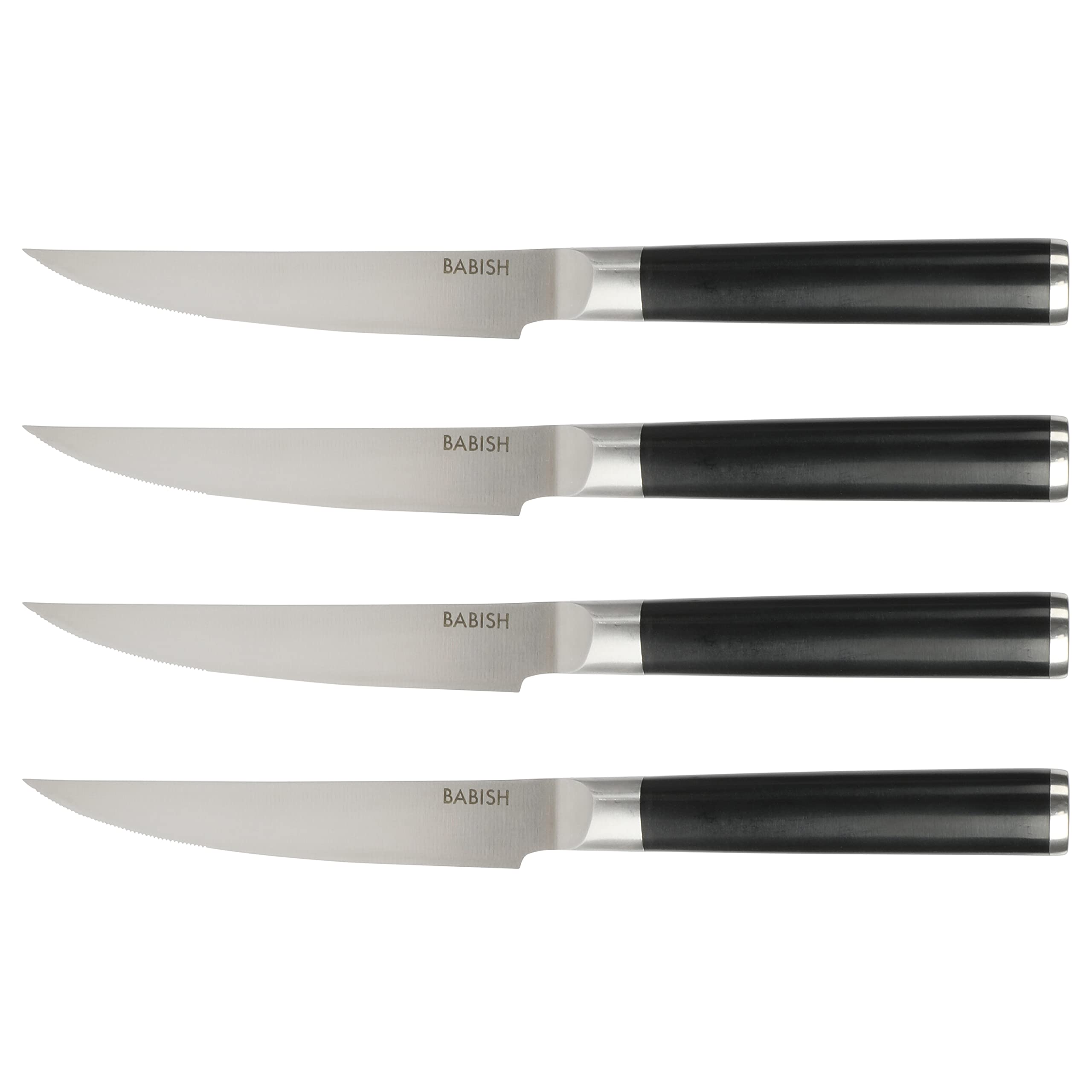 Babish German Steel Cutlery Set with Knife Roll - Includes Chef's Knife, Bread Knife, Paring Knife and 4 Steak Knives