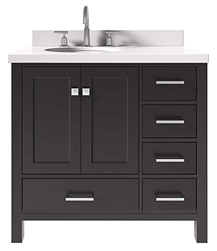 ARIEL Bathroom Vanity 37" Inch in Espresso with Pure White Quartz Counter-top, Left Offset Oval Sink, 2 Soft Closing Doors and 5 Full Extension Dovetail Drawers, No Mirror