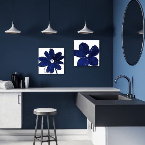 Creoate Navy Blue Wall Art for Bathroom Decor, 2 Pieces Abstract Flower Painting Canvas Print Artwork Framed Set Blue and white Wall Decor for Bedroom…