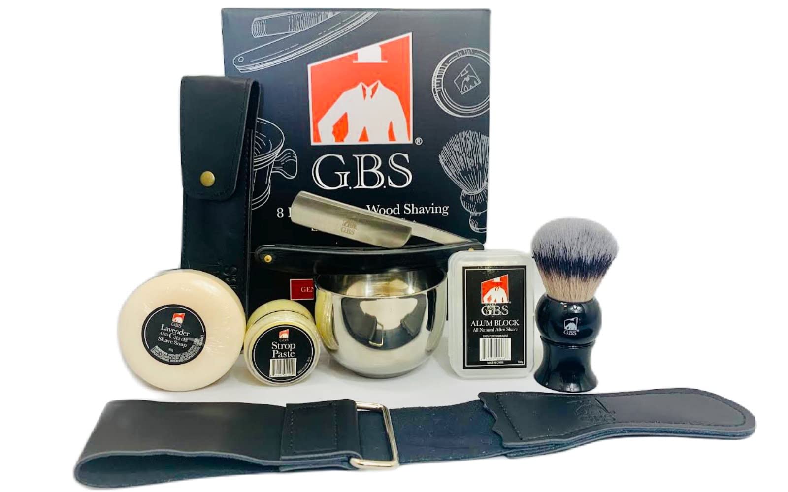 G.B.S Men’s Wet Shaving Kit Shaving Stainless Steel Razor Wood Handle with Case Synthetic Badger Hair Brush All-Natural Shave Soap Chrome Shaving Bowl Leather Strop Alum Block