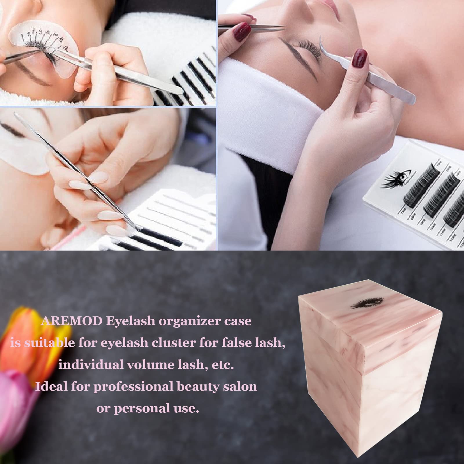 AREMOD 5 Layers Marbled Acrylic False Eyelash Storage Box False Lashes Organizer Case Grafting Eyelashes Holder Tray Lash Display Container (5 Layers-Pink)