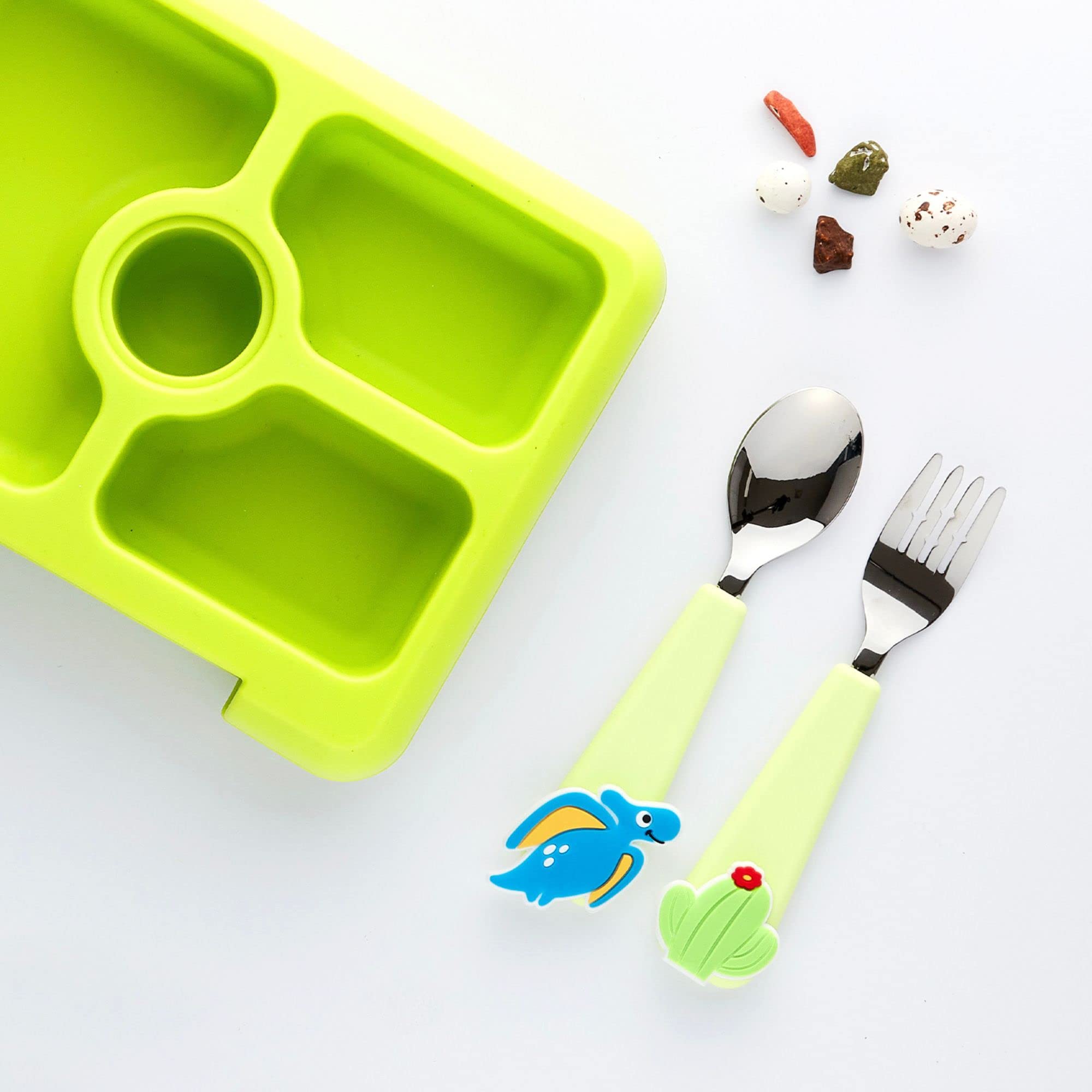 Flex&Lock Flexwarez Kids Utensil Set with Flexcharmz Silicone Charms Accessories - Easy to Decorate Spoon and Fork - Fun lunch for Toddler and Kids - Dinosaur World Theme/ 2 Pack/Pteranodon & Cactus