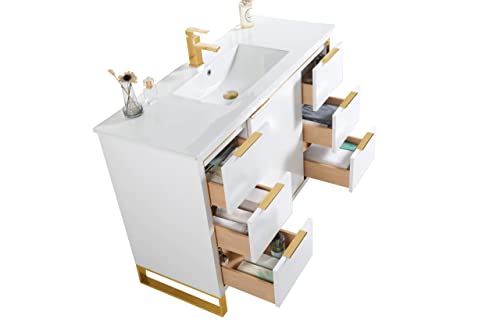 Fine Fixtures Opulence Collection 48 in. W x 20 in. D x 33 in. H Bathroom Vanity in White Matte with White Ceramic Sink - Satin Brass Hardware