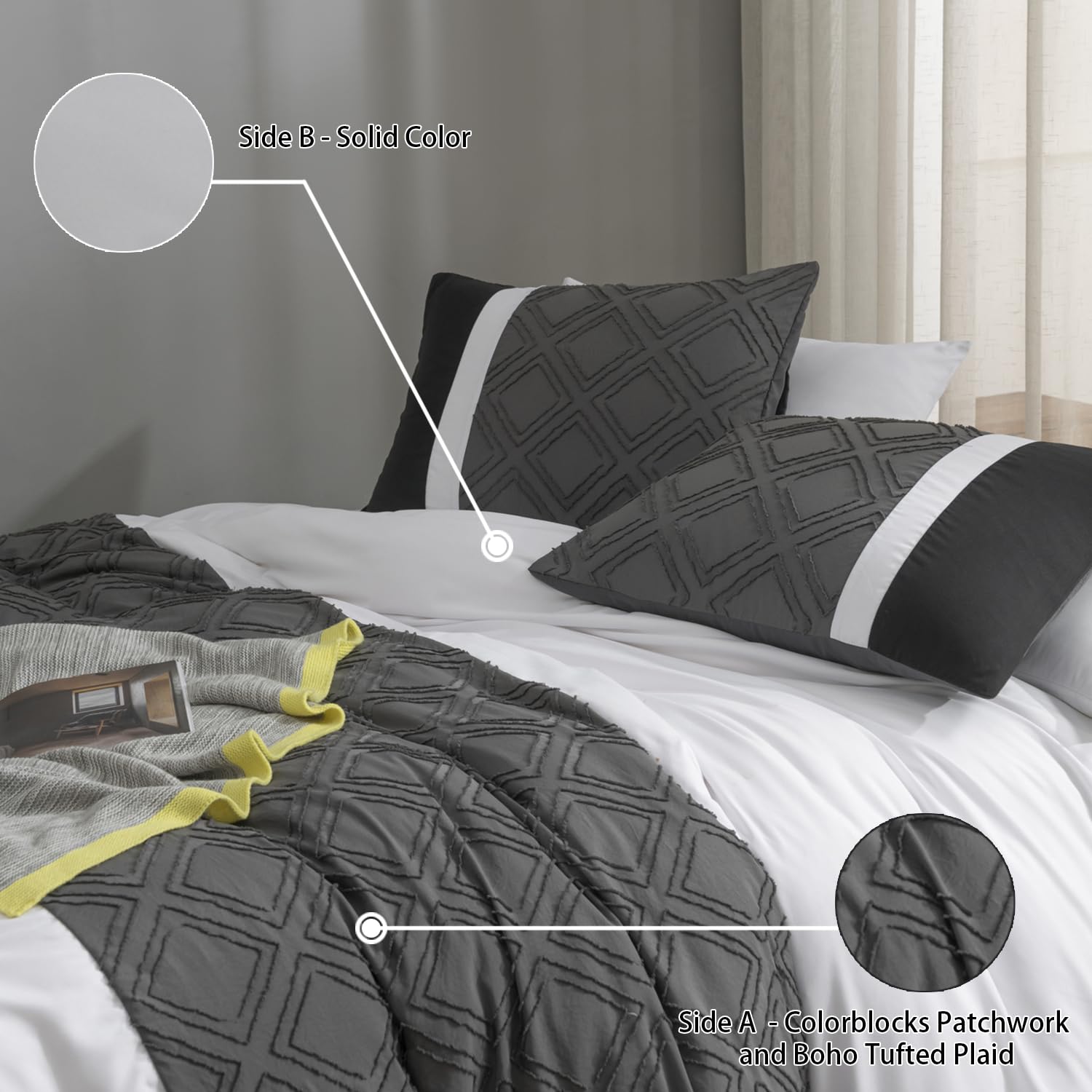 YASMENG Dark Gray Tufted Duvet Cover Queen Set Grey Black and White Colorblock Patchwork Bedding Comforter Cover Modern Farmhouse Boho Jacquard Rhomboid Tuft Texture Duvet Cover with 2 Pillowcases
