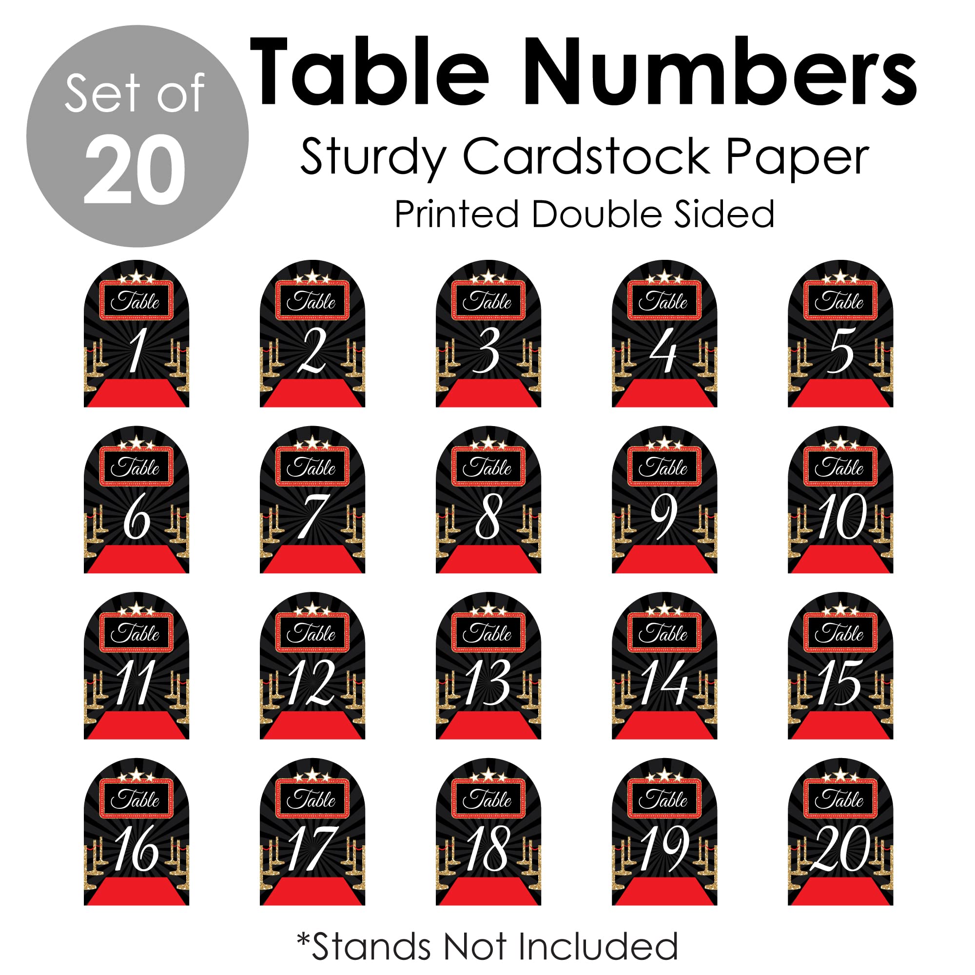 Big Dot of Happiness Red Carpet Hollywood - Movie Night Party Double-Sided 5 x 7 inches Cards - Table Numbers - 1-20