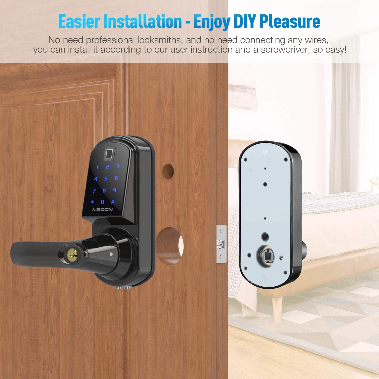 Aibocn Smart Lock, Keyless Entry Door Lock with Bluetooth, Touchscreen Keypad Deadbolt Lock with App, Fingerprint, IC Card, Code, Easy to Install for Home Hotel Apartment, Reversible Door Lever