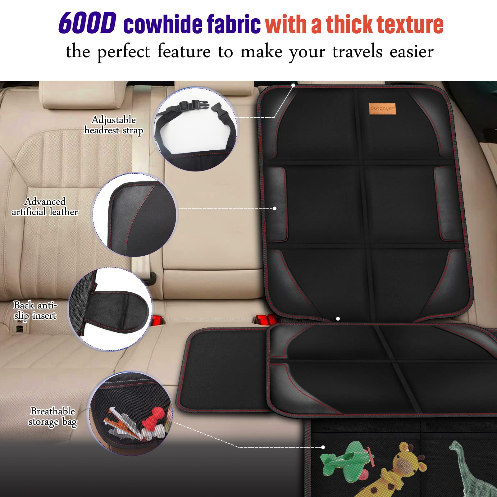 Car Seat Protector, 1 Pack, Thickest Padded 600D Fabric Padding, Waterproof, Durable, Anti Slip Backing, Child Seat Protection, Suitable for Babies, Toddlers, Children(Black 1)