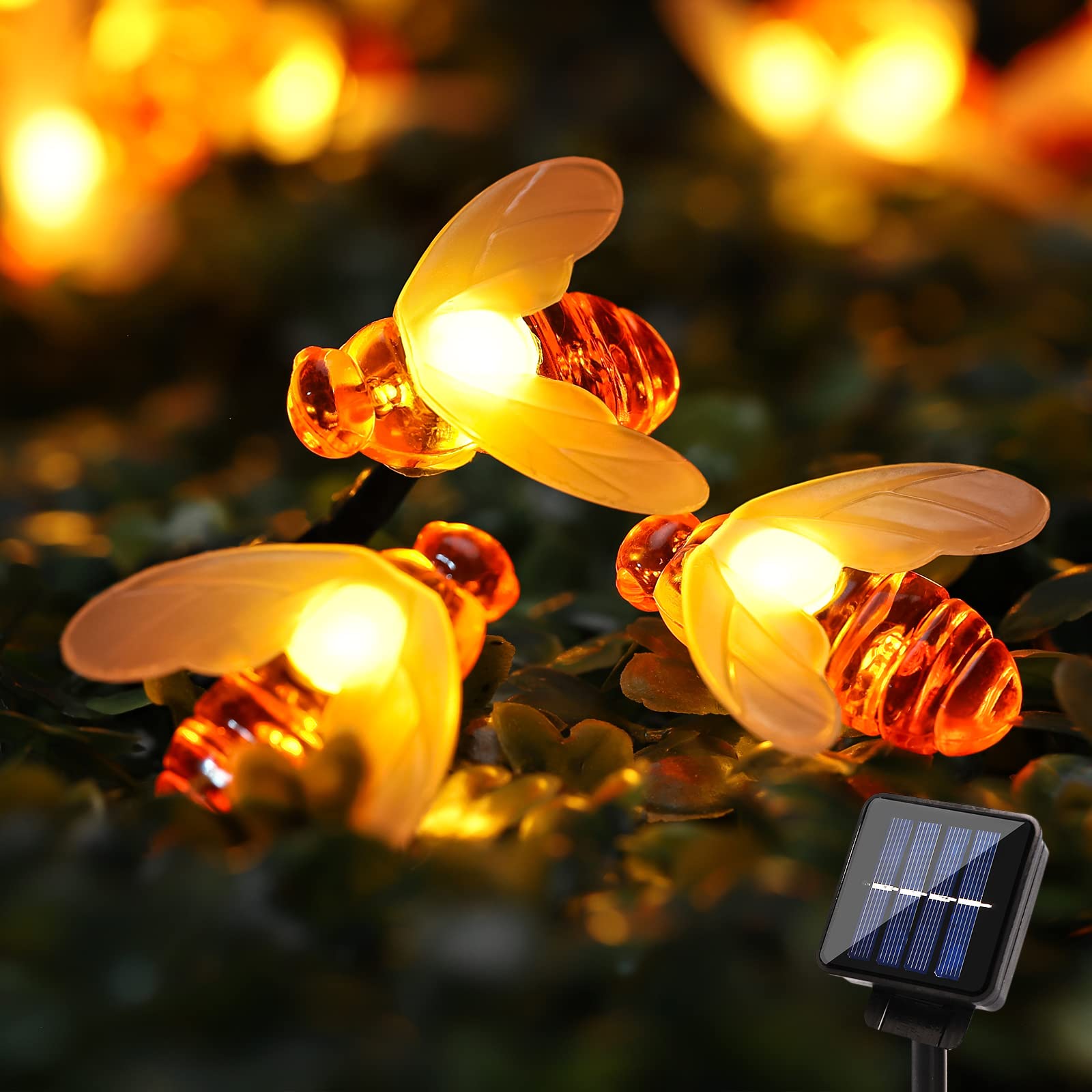BLOOMWIN Solar String Lights, 30 LED Outdoor Waterproof Simulation Honey Bees Decor, 21.3ft 8 Modes Fairy Lights Hanging Decorative for Garden,Christmas, Patio Yard, Party, Warm White