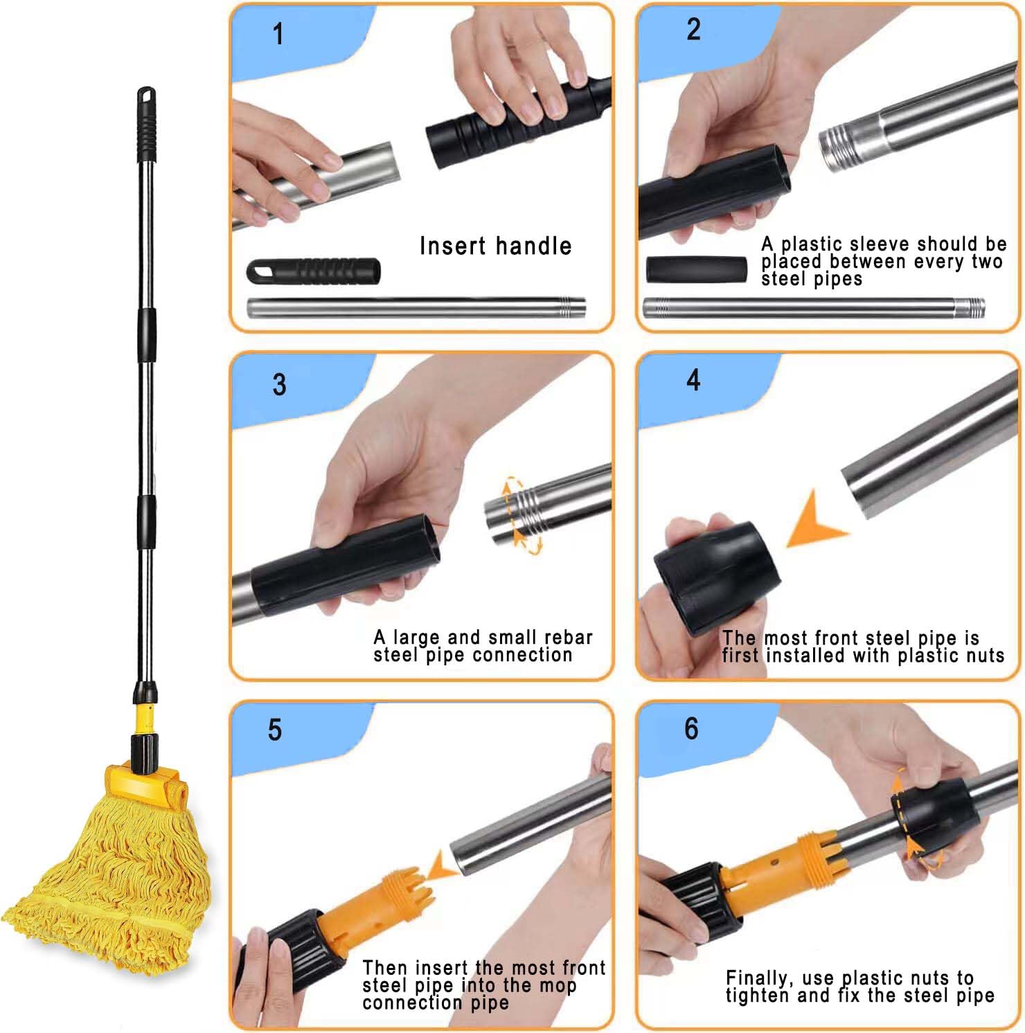 Aminleter Commercial Mop Heavy Duty Industrial Dust Mop with Extra Replacement Mop Head, 55" Stainless Steel Pole, Loop-End String Wet Cotton Mop for Cleaning Tile, Floor, Office, Kitchen, Garage