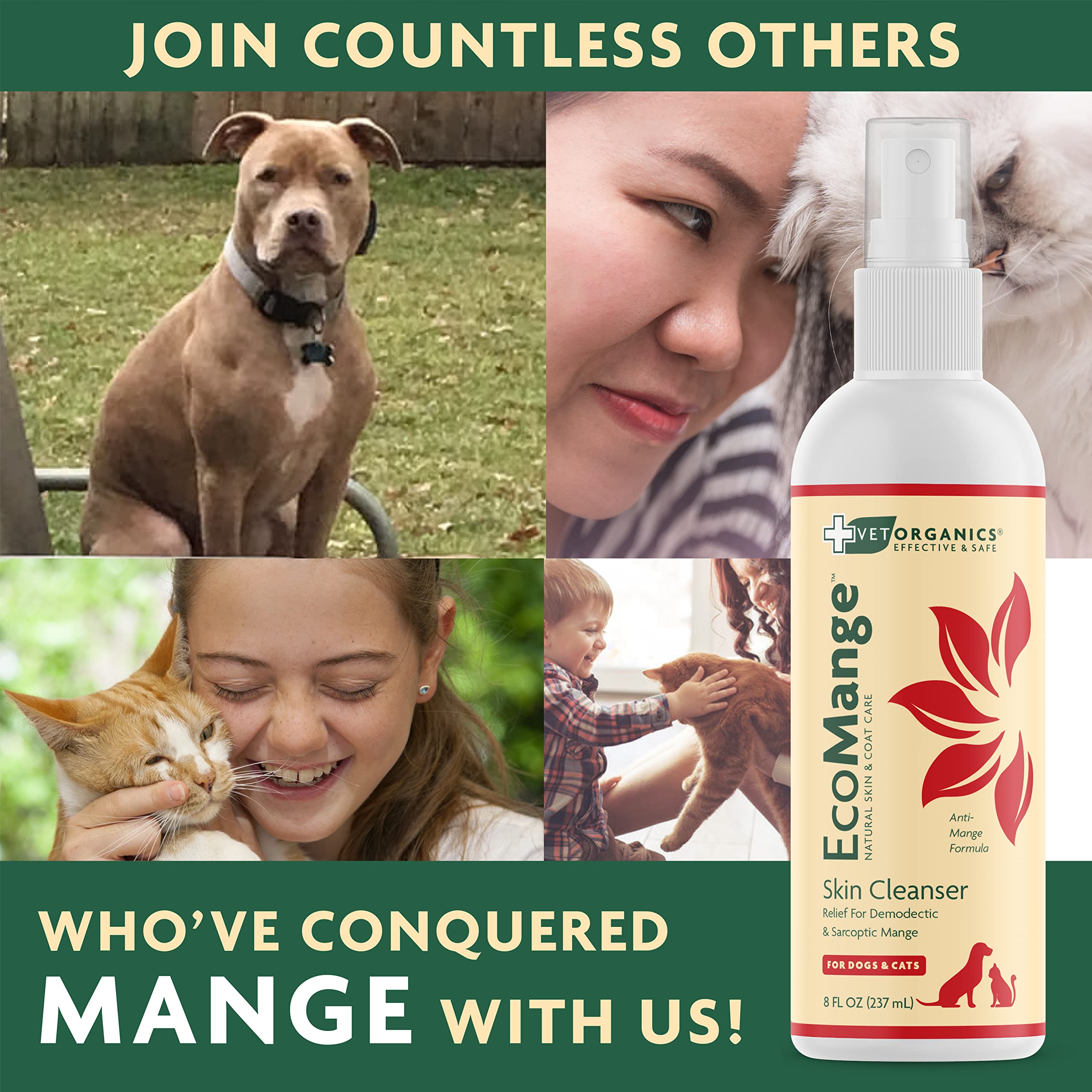 EcoMange Mange Relief for Dogs & Cats β 8 Oz. Cat & Dog Itch Relief, Sarcoptic & Demodectic Mite Spray β Herbal Extract & Essential Oil Itch Relief for Dogs β Natural Cat & Dog Sprays by Vet Organics