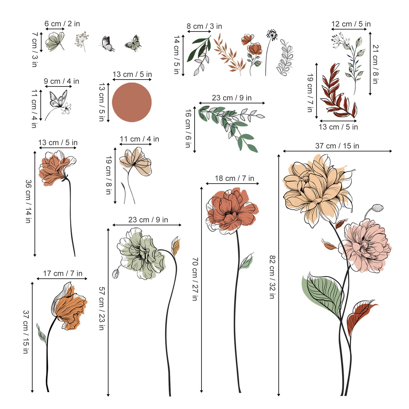 decalmile Boho Flower Wall Decals Floral Plants Grass Wall Stickers Living Room Bedroom Nursery Wall Decor Gifts for Mom