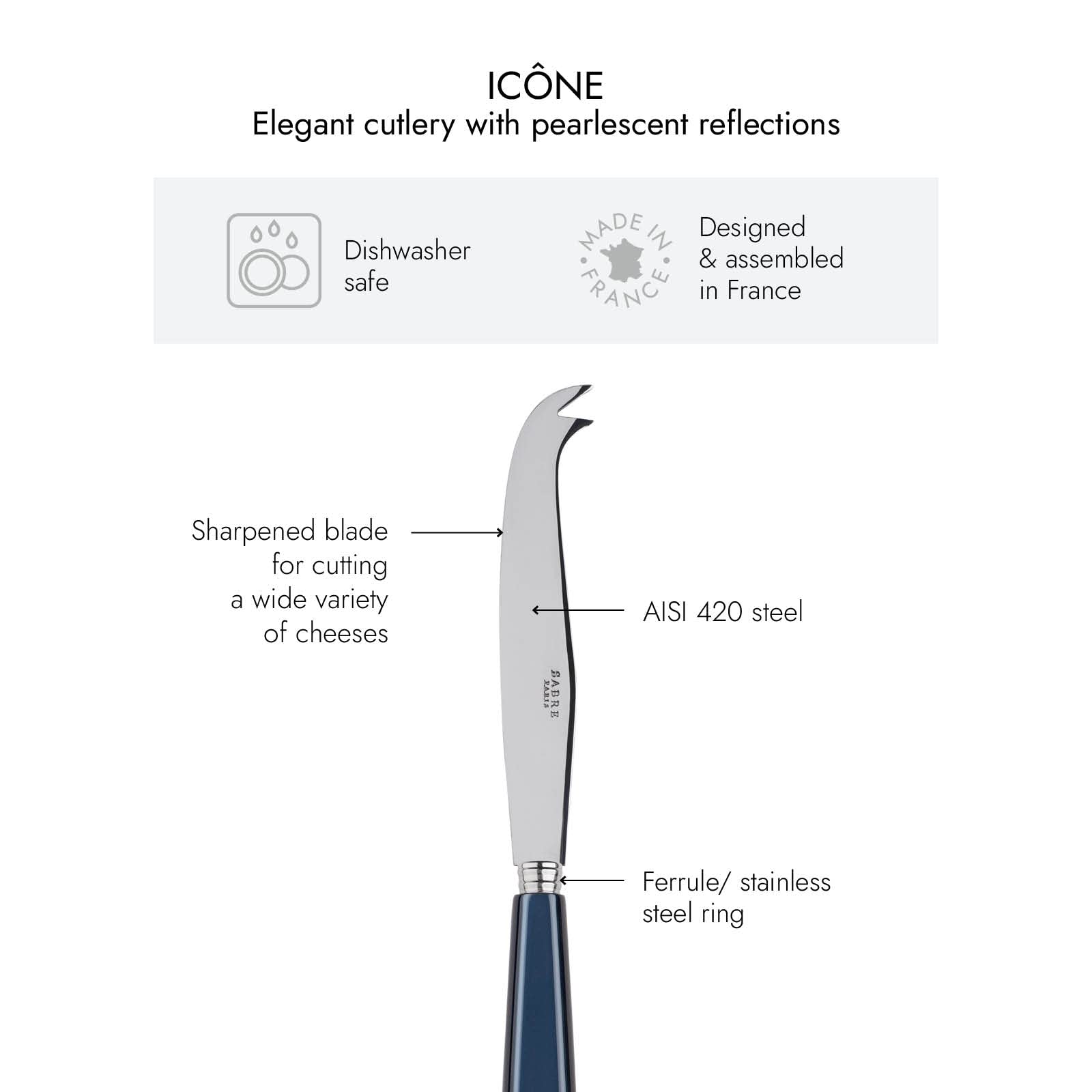 SABRE PARIS - Cheese Knife 9.4 inches - Icône Collection - All Cheeses - Stainless Steel & Acrylic - Dishwasher Safe - Midnight Blue