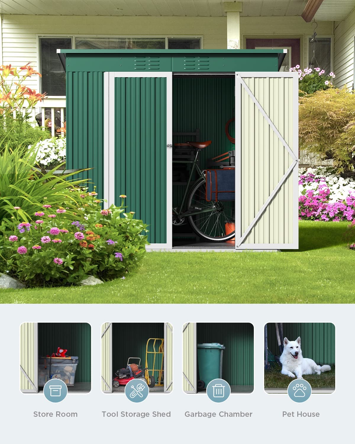 Bealife 6' x 4' Outdoor Storage Shed Clearance, Metal Outdoor Storage Cabinet with Double Lockable Doors, Waterproof Tool Shed, Backyard Shed for Garden, Patio, Lawn (Green)